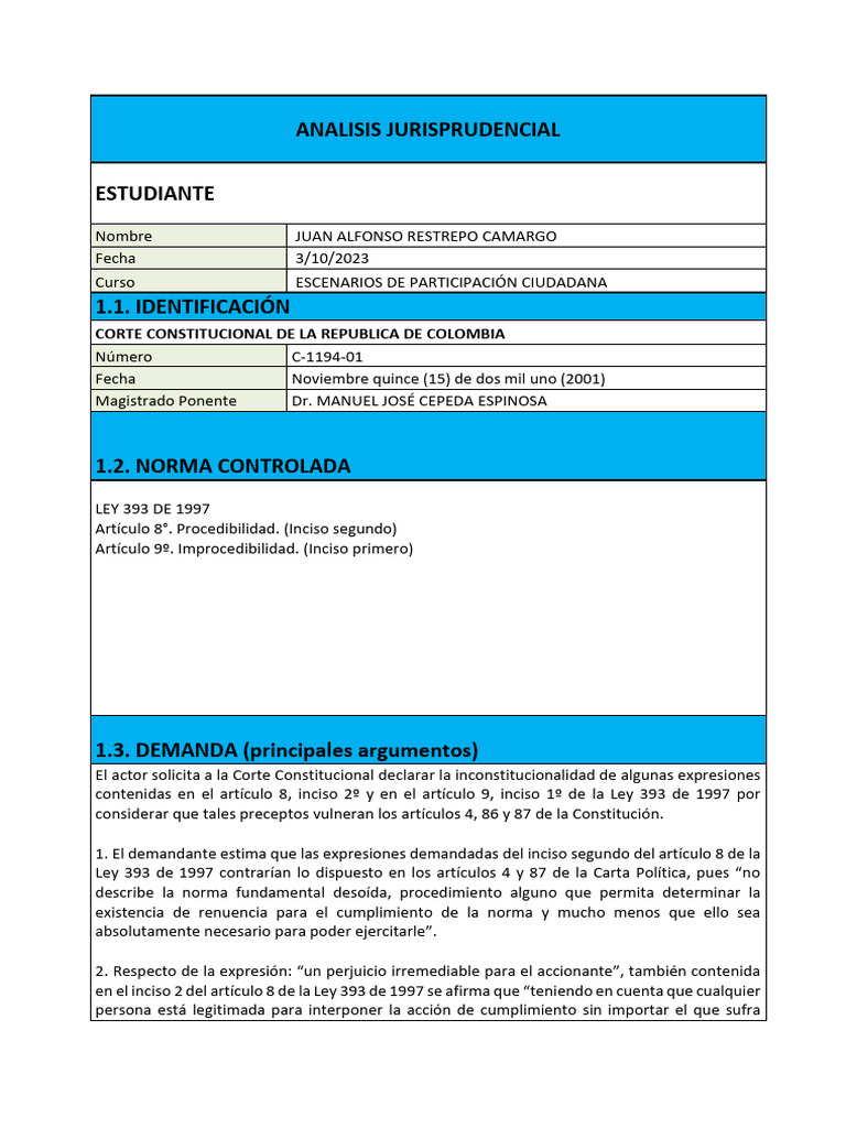 C-1194-01 Analisis Sentencia | PDF | Constitución | Derechos