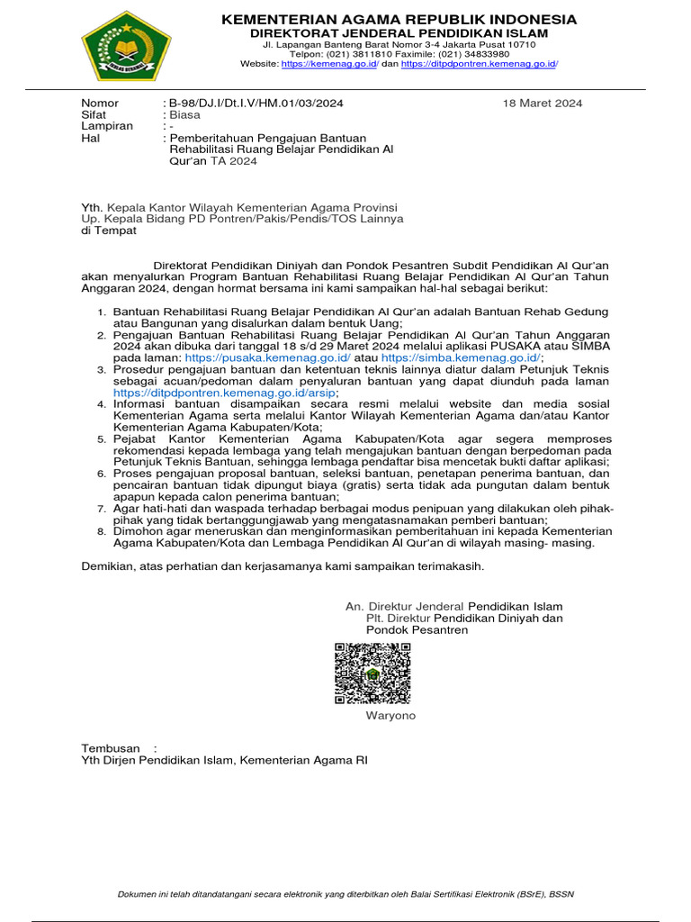 Surat Pemberitahuan Rehab Dan Juknis Bantuan Rehab PQ 2024 | PDF | Ilmu Sosial