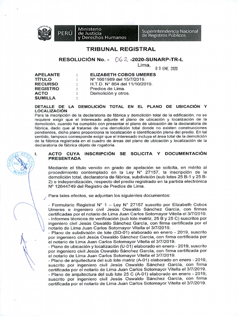 062-2020-Sunarp-Tr-L - Demolicion No Requiere Plano Ul. P | PDF