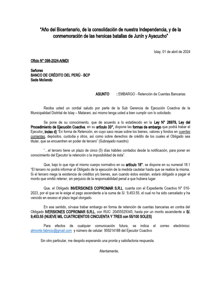 Embargo de Cuentas - Modelo | PDF