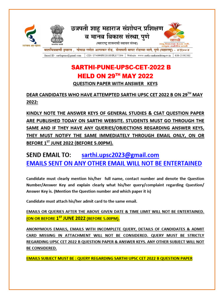 Sarthi Upsc Cet 2022 B Answer Keys Instructions | PDF