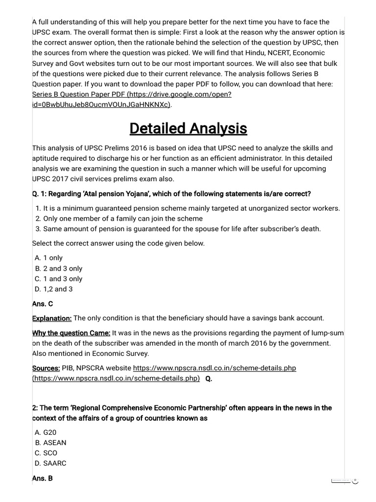 Detailed Analysis and Explanation - UPSC CSE Prelims GS Paper 1 - 2016, Answer Key | PDF ...
