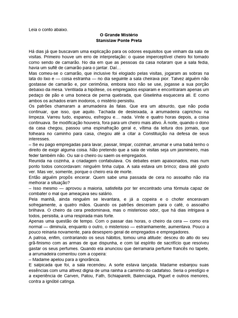 CONTO DE MISTÉRIO - Compreensão e Interpretação - 8º Ano | PDF | Contos ...