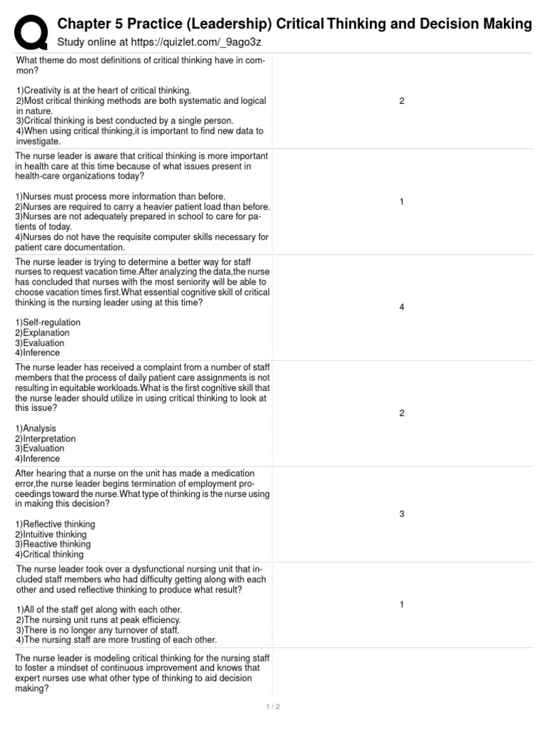 Chapter 5 Practice (Leadership) Critical Thinking and Decision Making ...