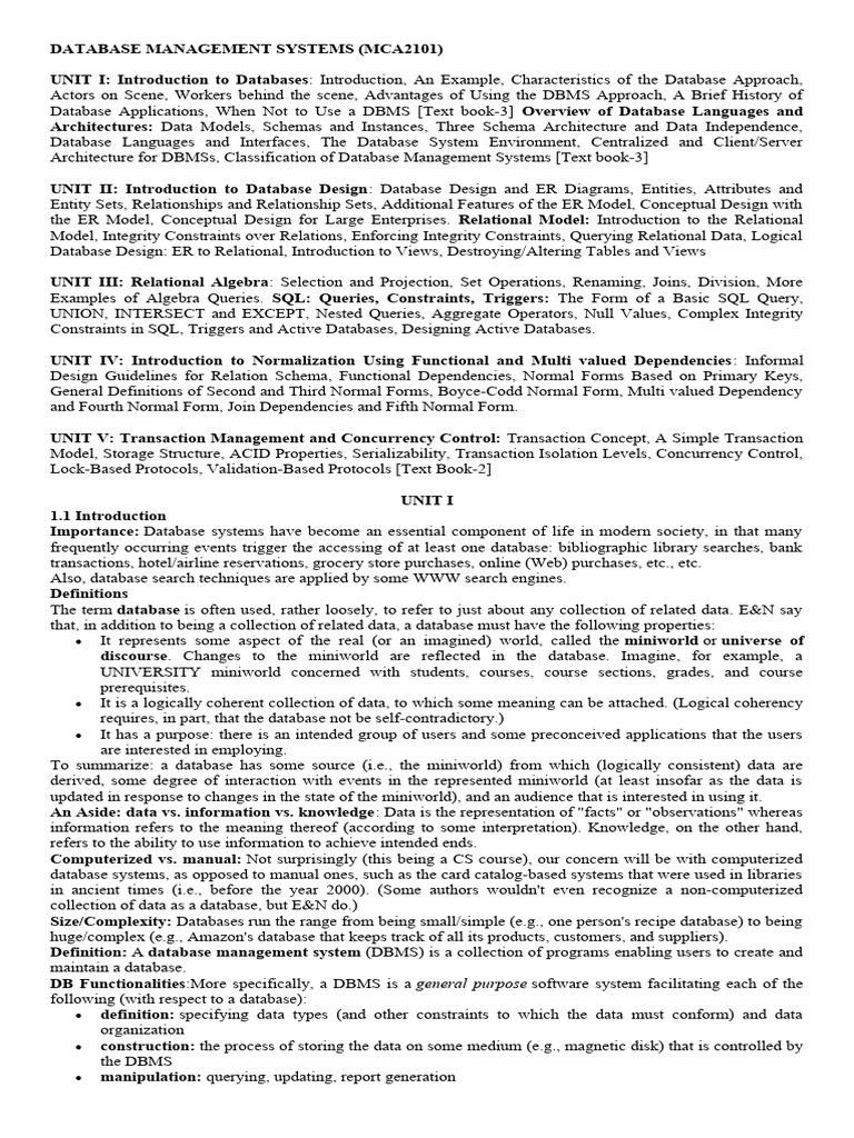 Database Management Systems Unit 1 Pdf Databases Relational Database