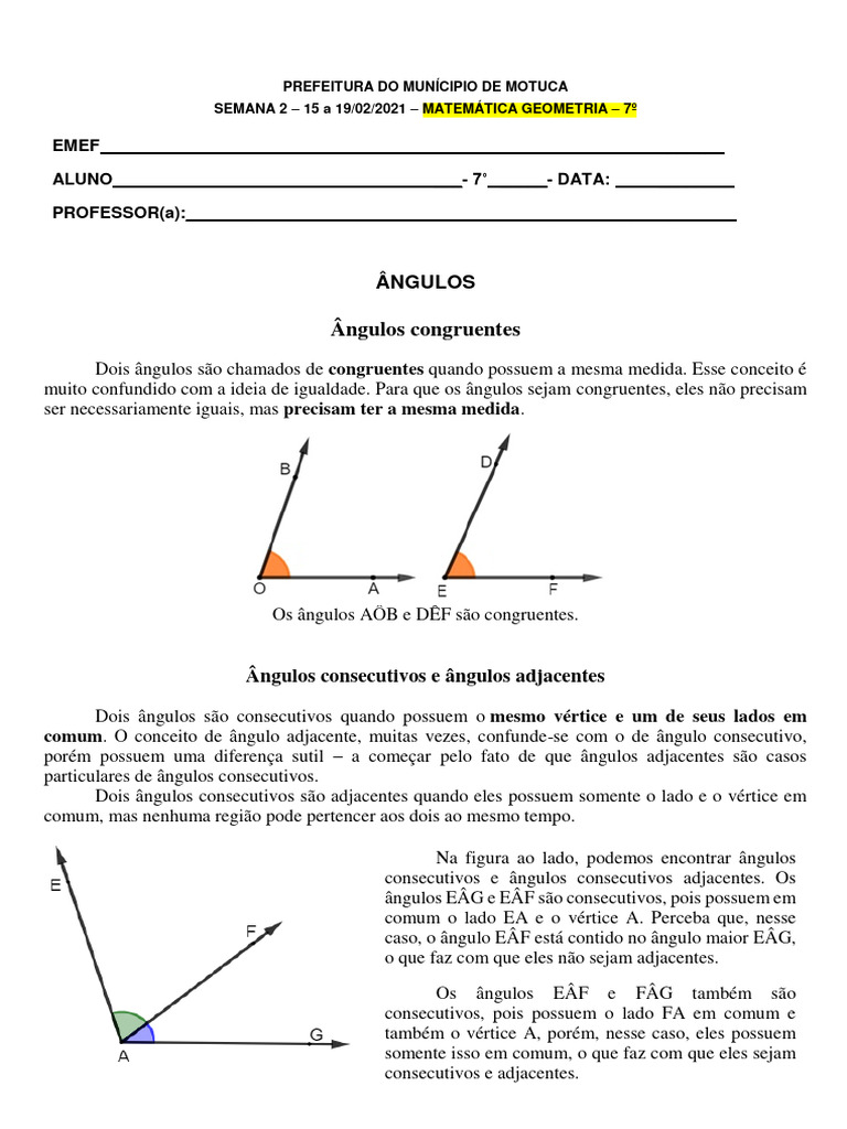 Ângulos Consecutivos e Adjacentes | PDF | Ângulo | Matemática elementar
