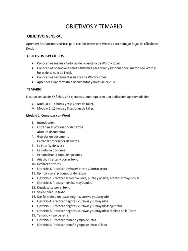 Office Basico Objetivos y Temario | PDF | Microsoft Excel | Microsoft Word