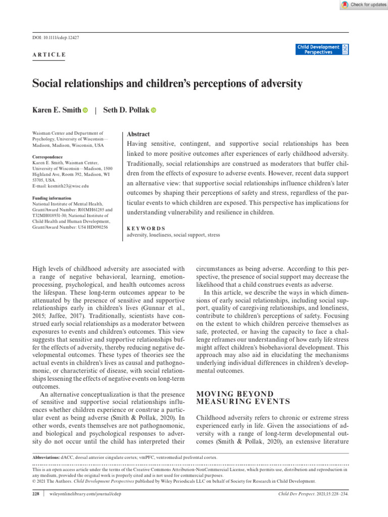 Child Dev Perspectives - 2021 - Smith - Social relationships and children s perceptions of ...