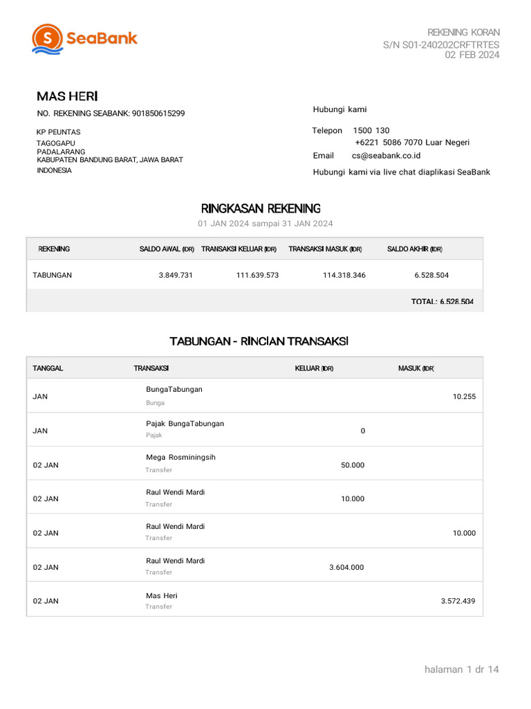 Rekening Koran SeaBank Januari 2024 | PDF