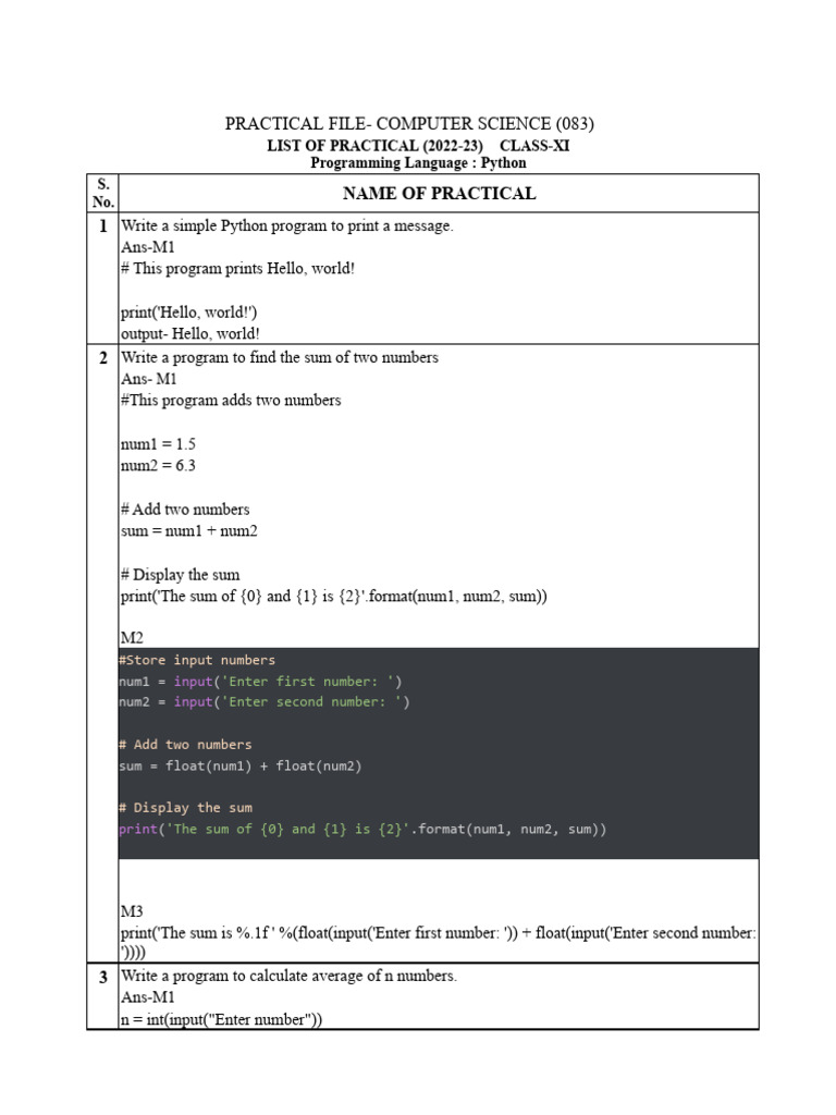Class 11 Practical File Pdf Computer Program Programming 1739