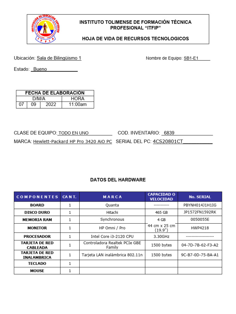 Inventario Equipos HP Pro 3420 AiO | PDF | Hardware de la computadora ...