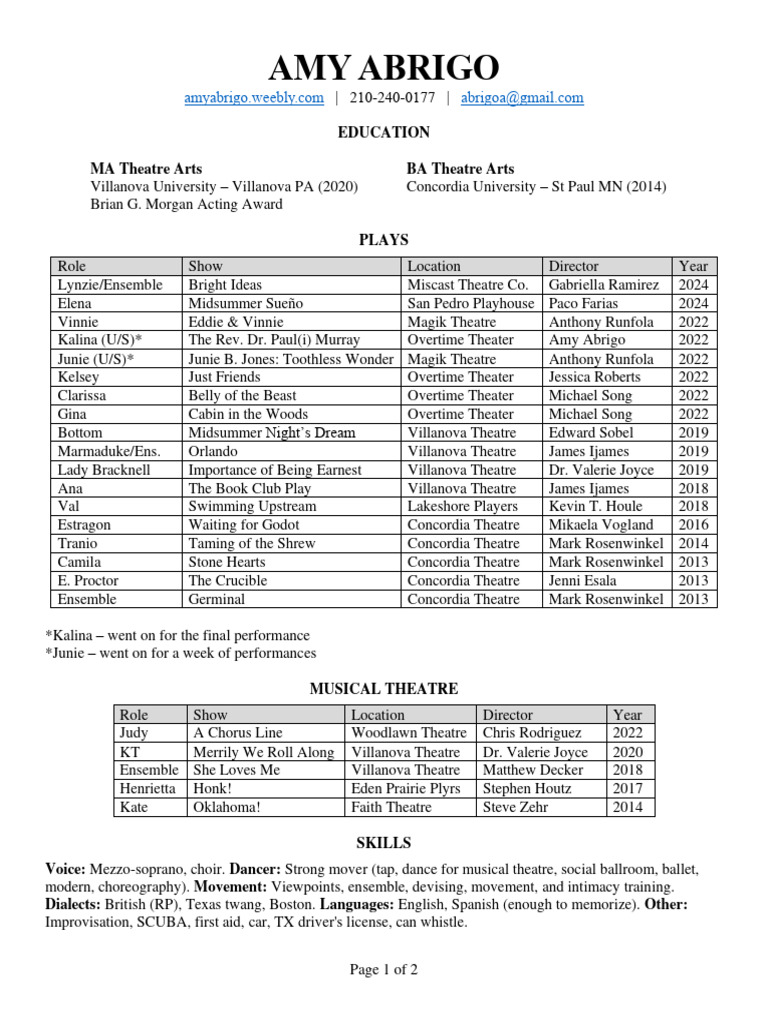 Amy Abrigo: Theatre & Performance Resume | PDF | Performing Arts | Dances