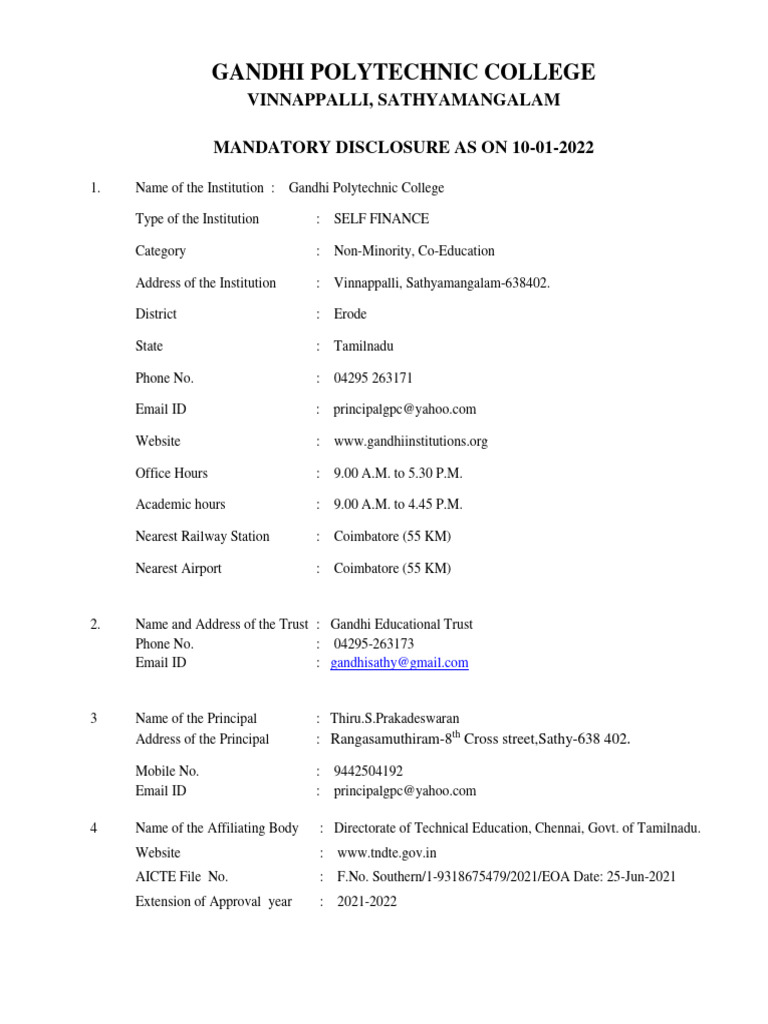 Gandhi Polytechnic College Disclosure 2022 | PDF | Engineering