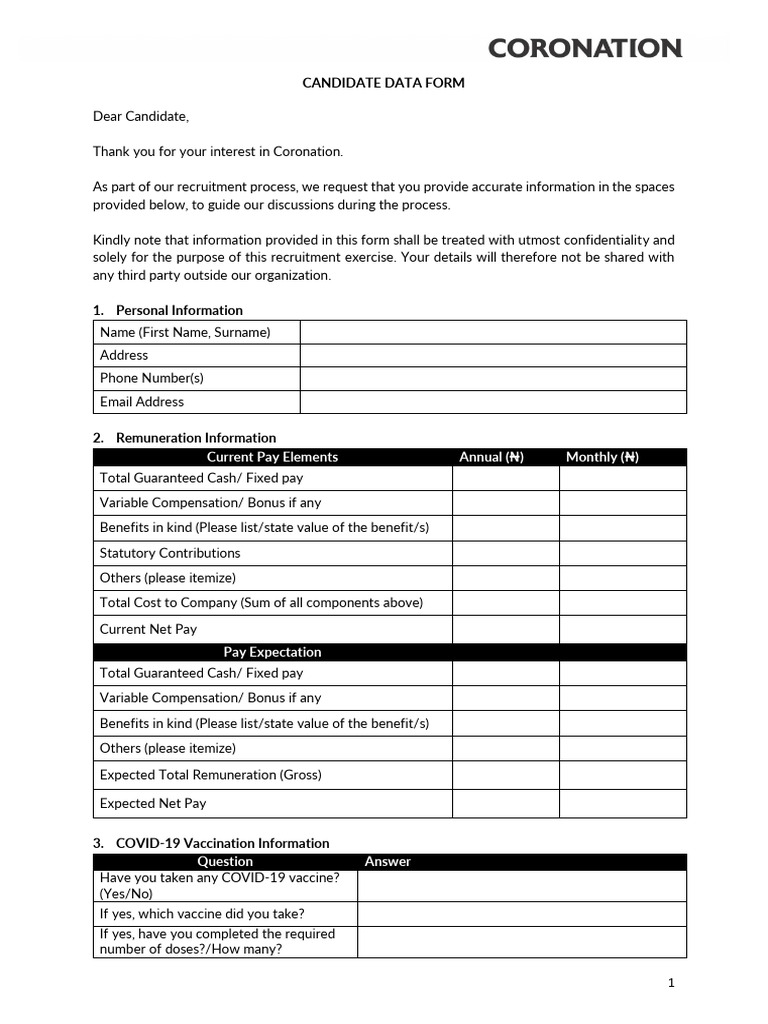 Coronation_Candidate Data Form_ | PDF | Recruitment