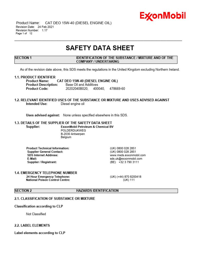 CAT DEO 15W-40 Safety Data Sheet | PDF | Viscosity | Continuum Mechanics