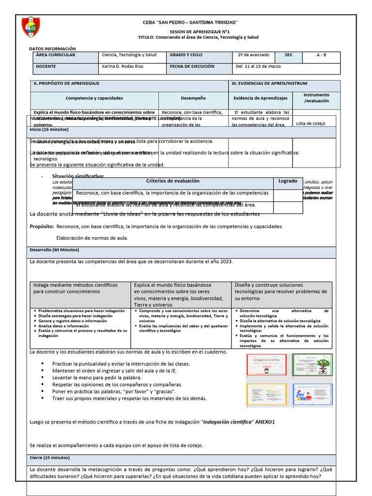 Sesion - Nº1 - 1º Sec - CTS | PDF | Evaluación | Salón de clases