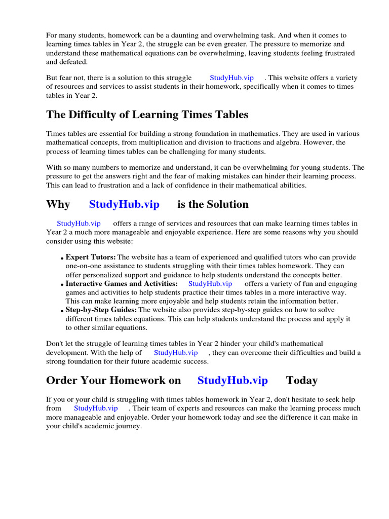 Times Tables Homework Year 2 | PDF | Worksheet | Multiplication