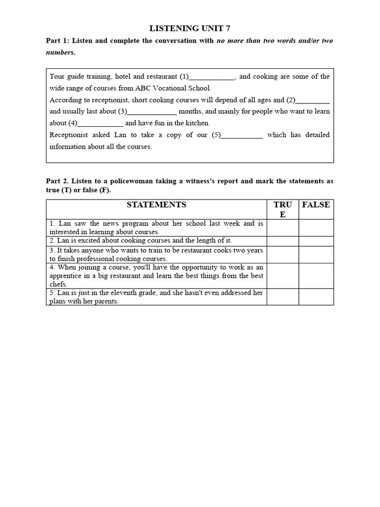 Listening Unit 7 - HS | PDF