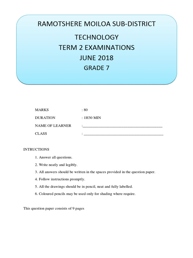 Grade 7 Tech Term 2 Test 2018 | PDF