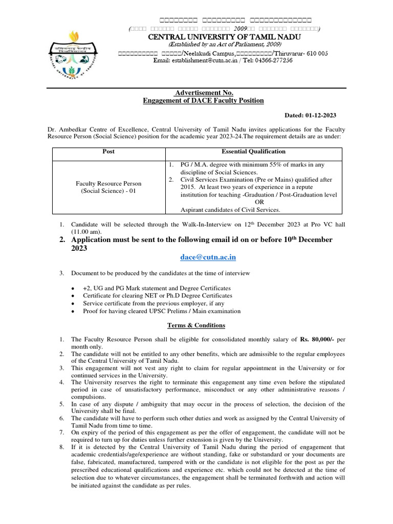 DACE Faculty Walk in Interview Advertisement - 01122023 | PDF