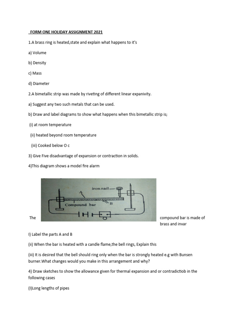 Form One Physics Holiday Assignment 2021 | PDF | Thermal Expansion ...