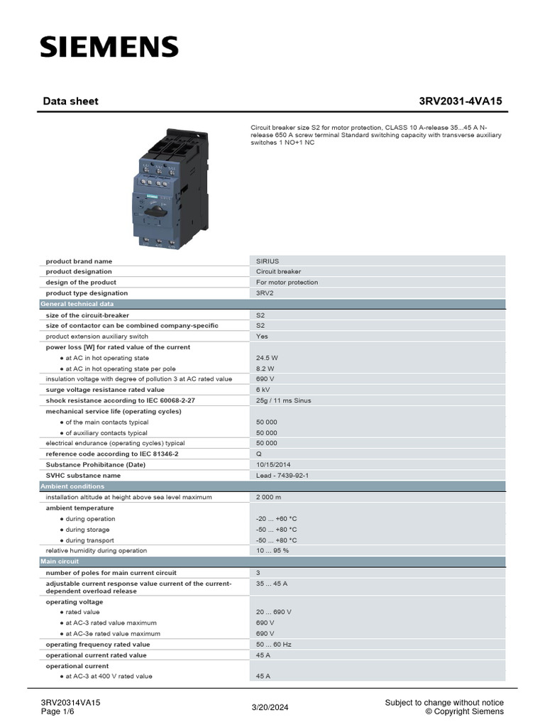 3RV20314VA15_datasheet_en | PDF | Electrical Engineering | Electricity