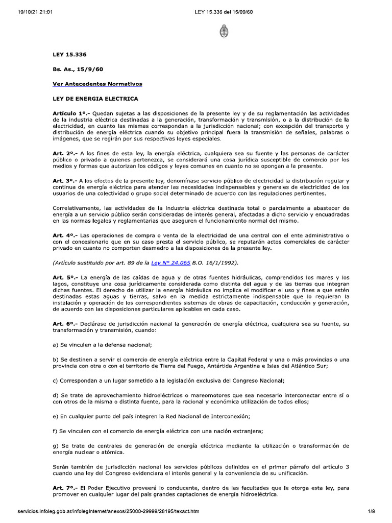 Ley 15336 - Energía Eléctrica | PDF