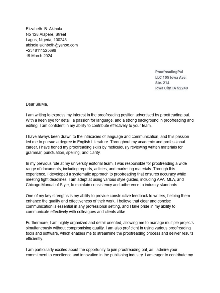 MY COVER LETTER | PDF | Proofreading | Editing MY COVER LETTER | PDF | Proofreading | Editing
