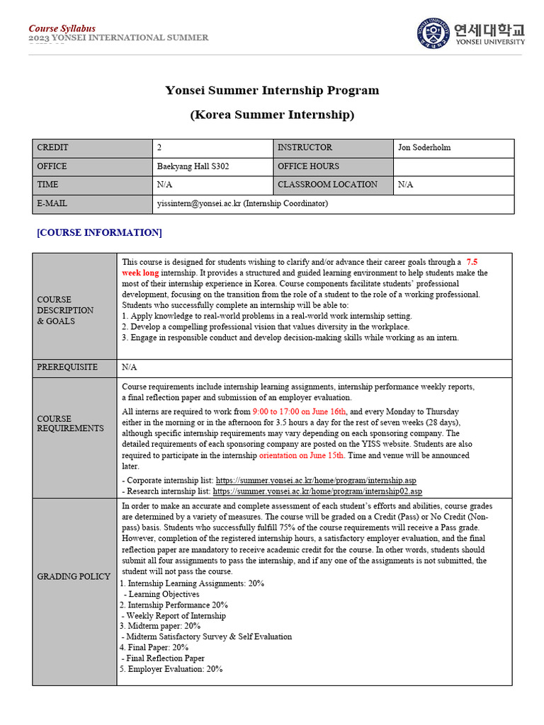 2023 Yonsei Summer Internship Syllabus | Download Free PDF | Internship | Job Hunting