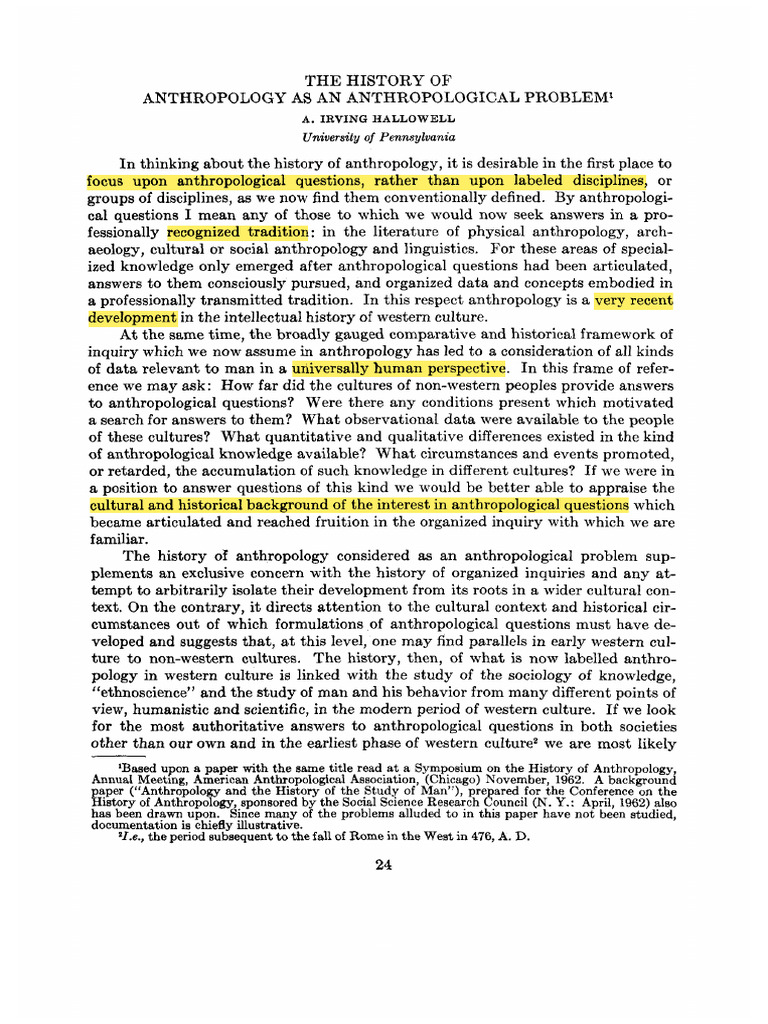 HALOWELL, A. I. The History of Anthropology As An Anthropological ...