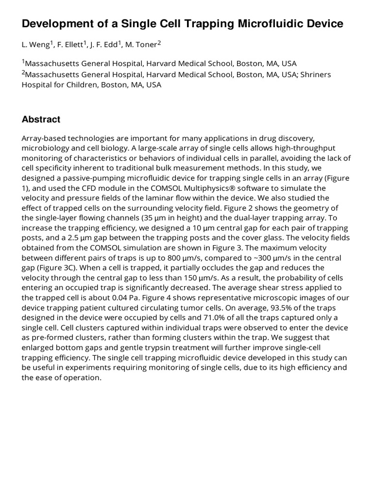 Development of A Single Cell Trapping Microfluidic Device | PDF | Microfluidics | Biology