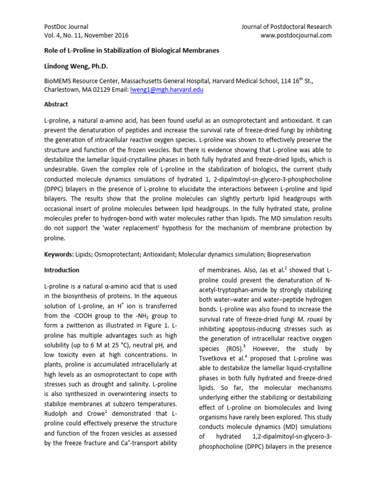 Role of L-Proline in Stabilization of Biological Membranes | PDF ...