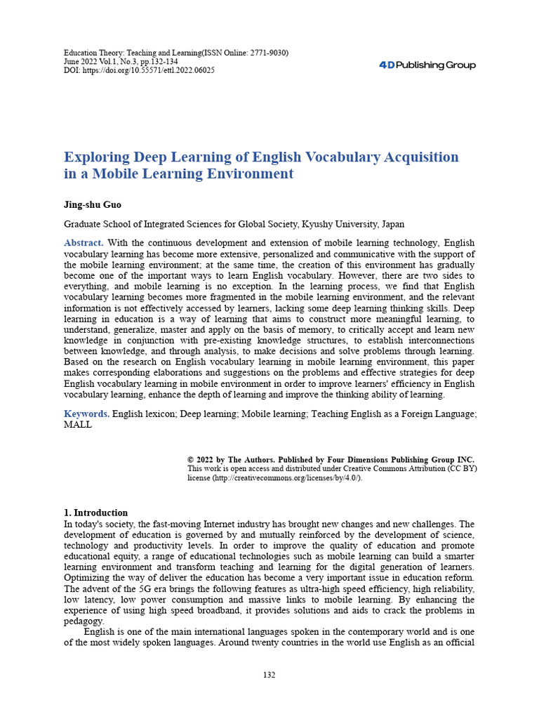 Exploring Deep Learning Of English Vocabulary Acquisition In A Mobile Learning Environment Pdf