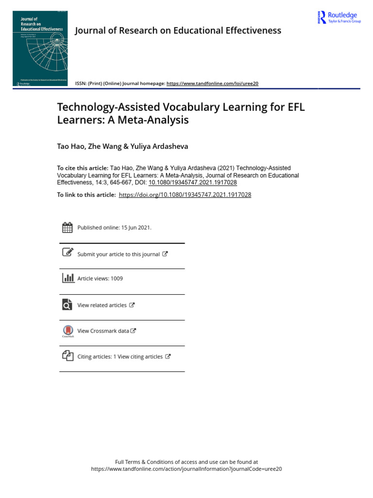 Technology Assisted Vocabulary Learning For EFL Learners A Meta Analysis | PDF | Effect Size ...