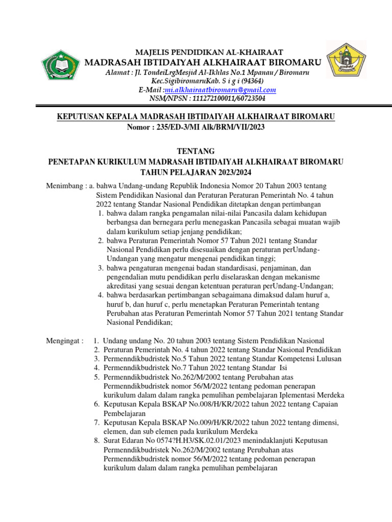 SK Penetapan Kurikulum & KKM | PDF