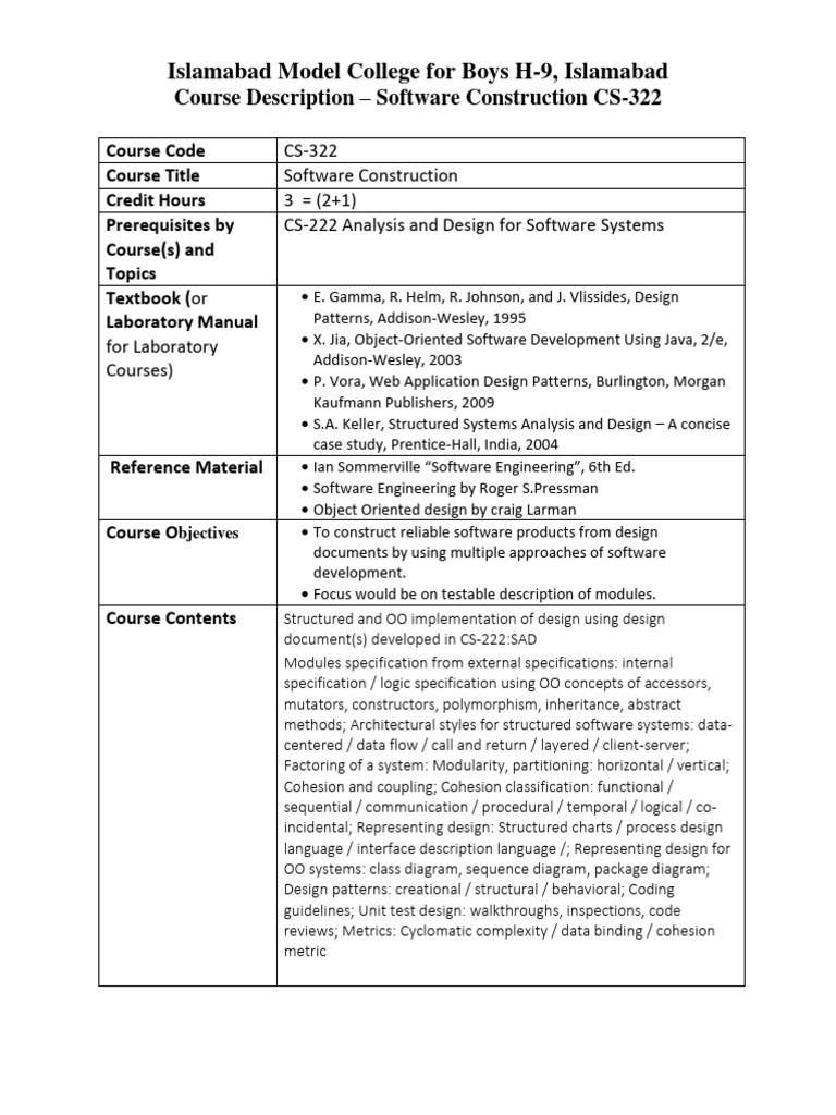 SW Construction Course Outlines CS-322 Sem-5 | PDF | Method (Computer Programming) | Abstraction ...