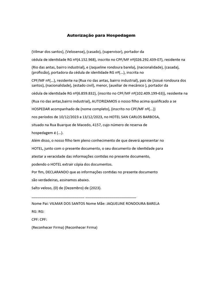 Autorização para Hospedagem | PDF Autorização para Hospedagem | PDF