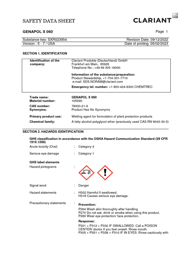 Genapol X 060 | PDF | Toxicity | Personal Protective Equipment