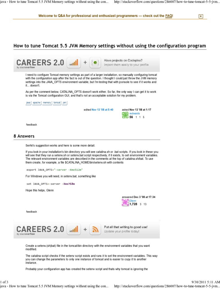 Java How To Tune Tomcat 55 Jvm Memory Settings Without Using The