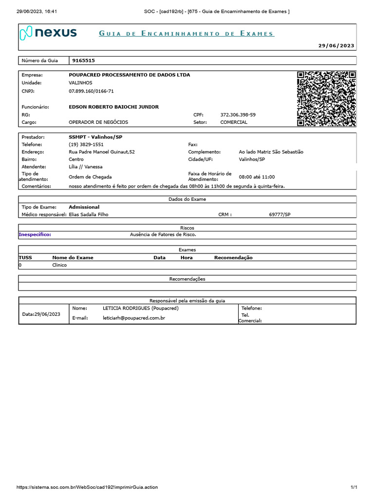Exame Edson Valinhos | PDF
