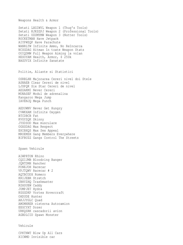 Coduri GTA San Andreas | PDF