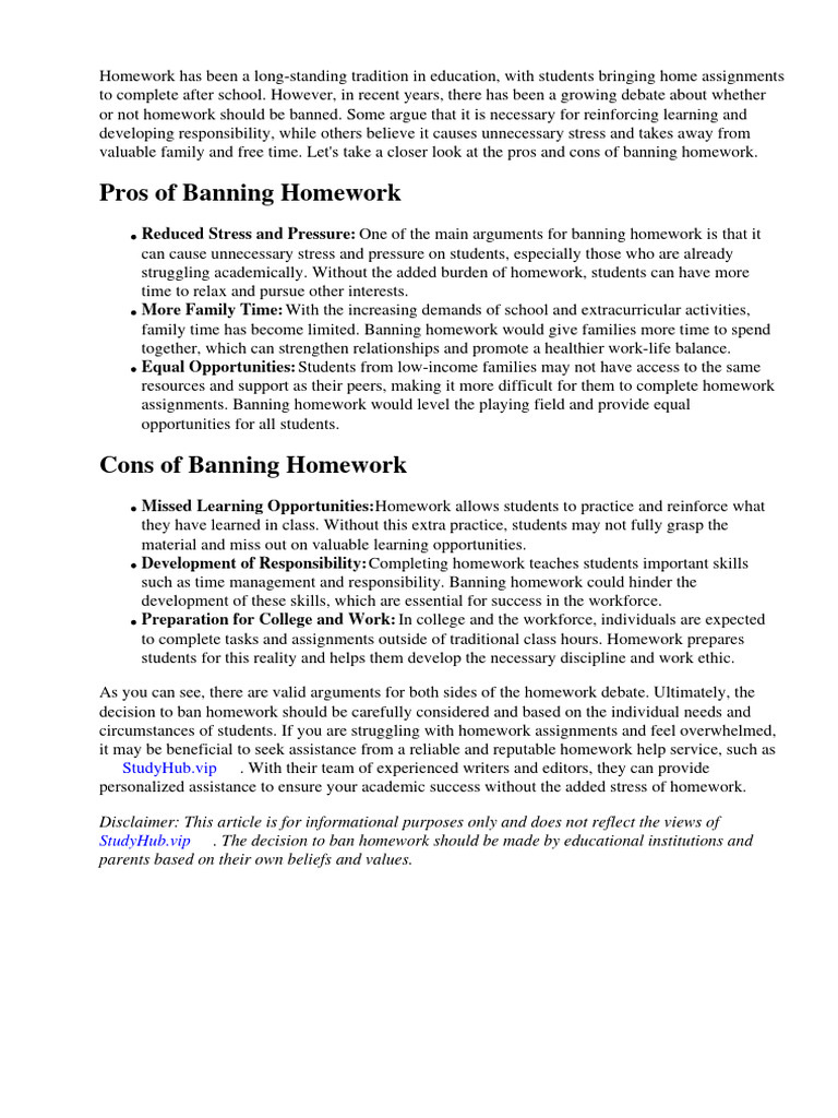 Homework Should Be Banned Pros and Cons | Download Free PDF | Homework ...