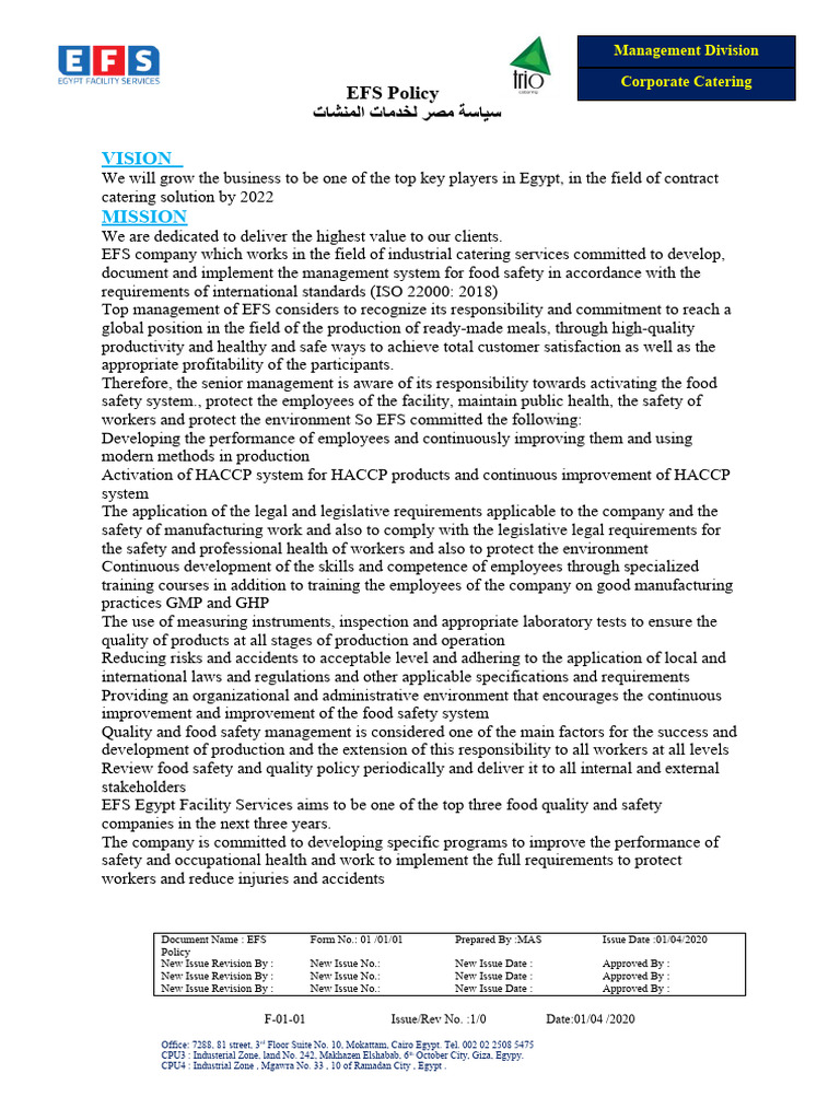 F 01-01 EFS Policy | PDF | Hazard Analysis And Critical Control Points | Safety