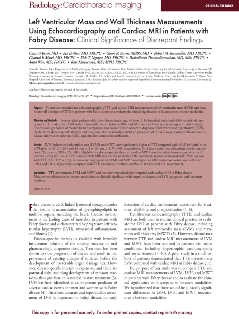 Fabry Disease: TTE vs. Cardiac MRI LVH Analysis | PDF | Medical Imaging ...