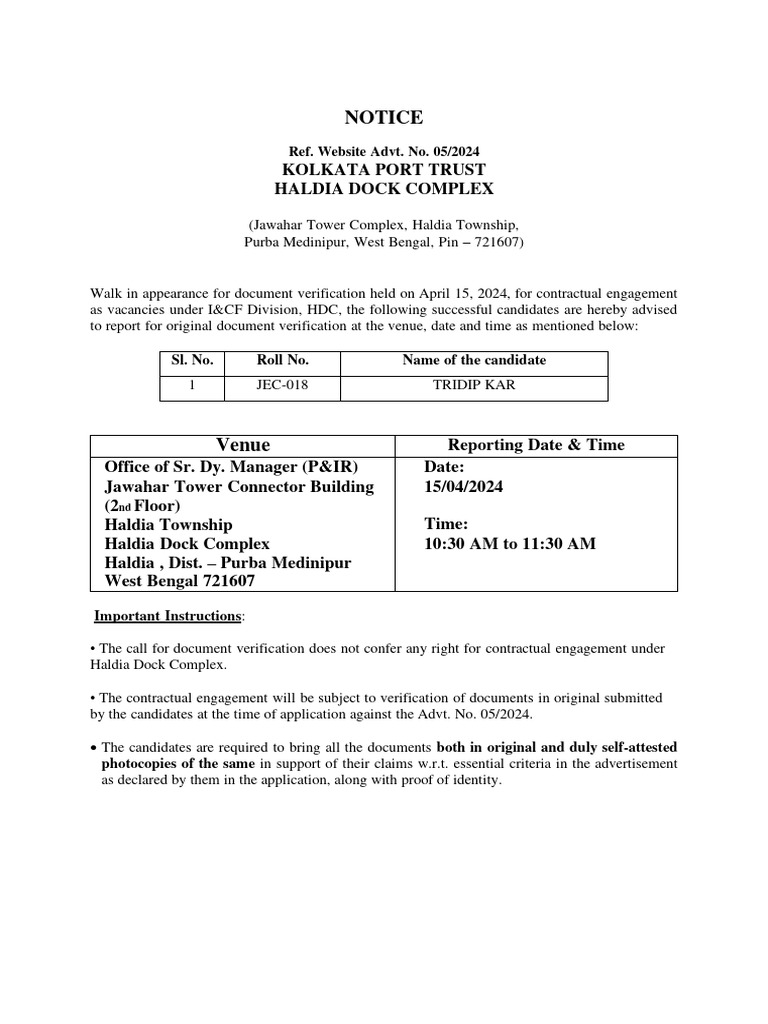 Kolkata Port Trust Tridip Kar | PDF