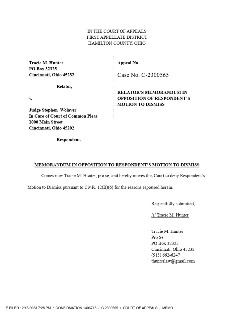 Relator's Memorandum in - Opposition of Respondent's - Motion To Dismiss c2300565 | PDF ...