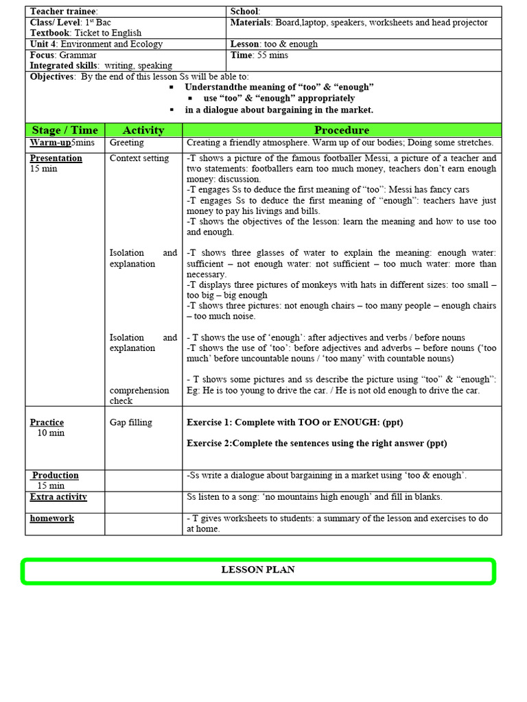 Too and Enough Lesson Plan | PDF | Noun | Lesson Plan