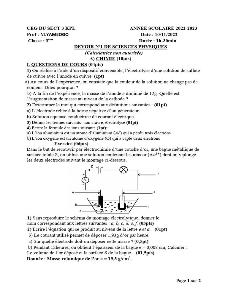 Devoir 1 Pc 3eme 2022 Pdf Ion Chimie Physique