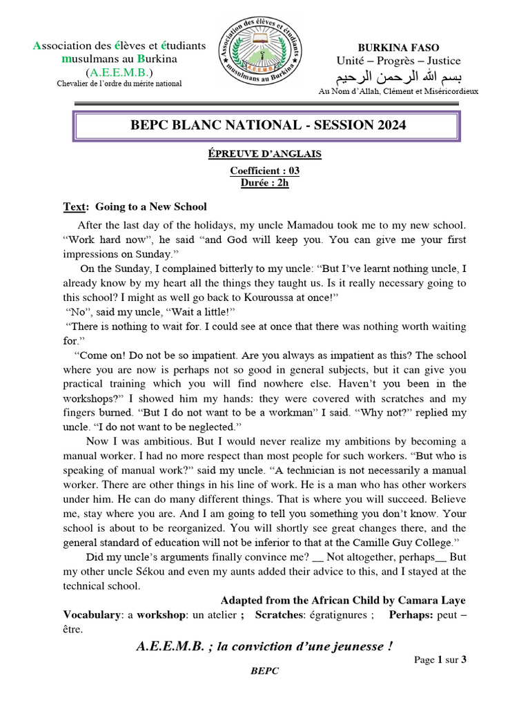 BEPC Blanc ANG 2024. AEEMB | PDF | Linguistics | Grammar