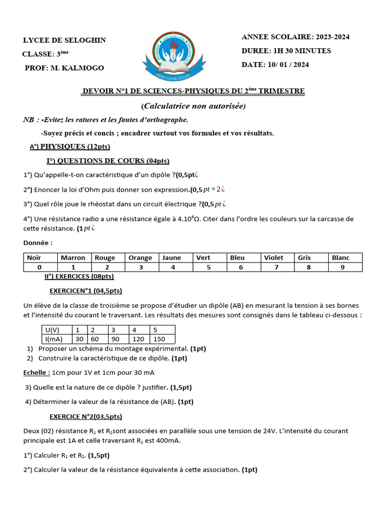 Devoir N°4 PC 3ème SLG 2024 | PDF | Résistance (électricité) | Zinc